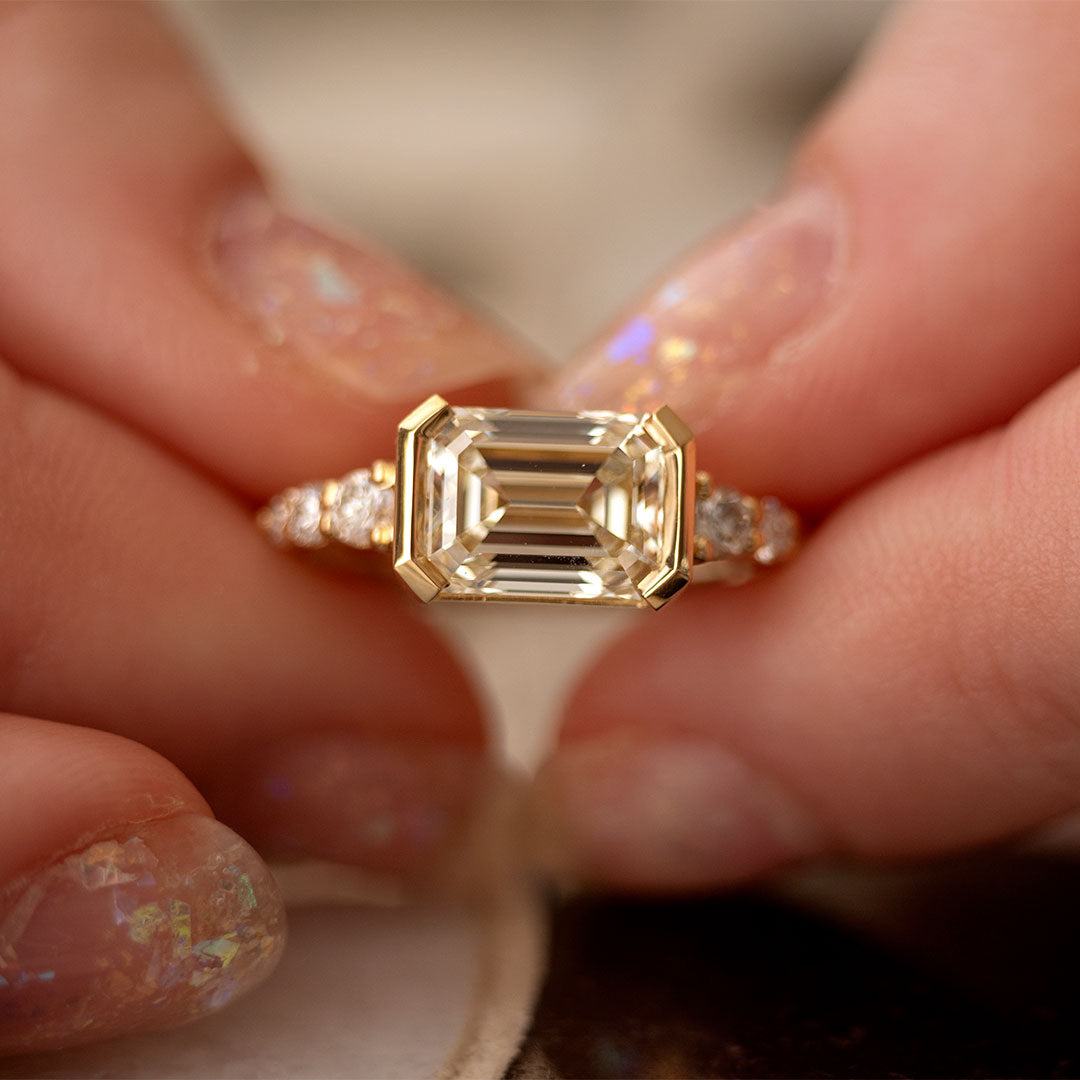 Deco Inspired Half Bezel East West Emerald Cut Diamond Ring – Oma Jewelry